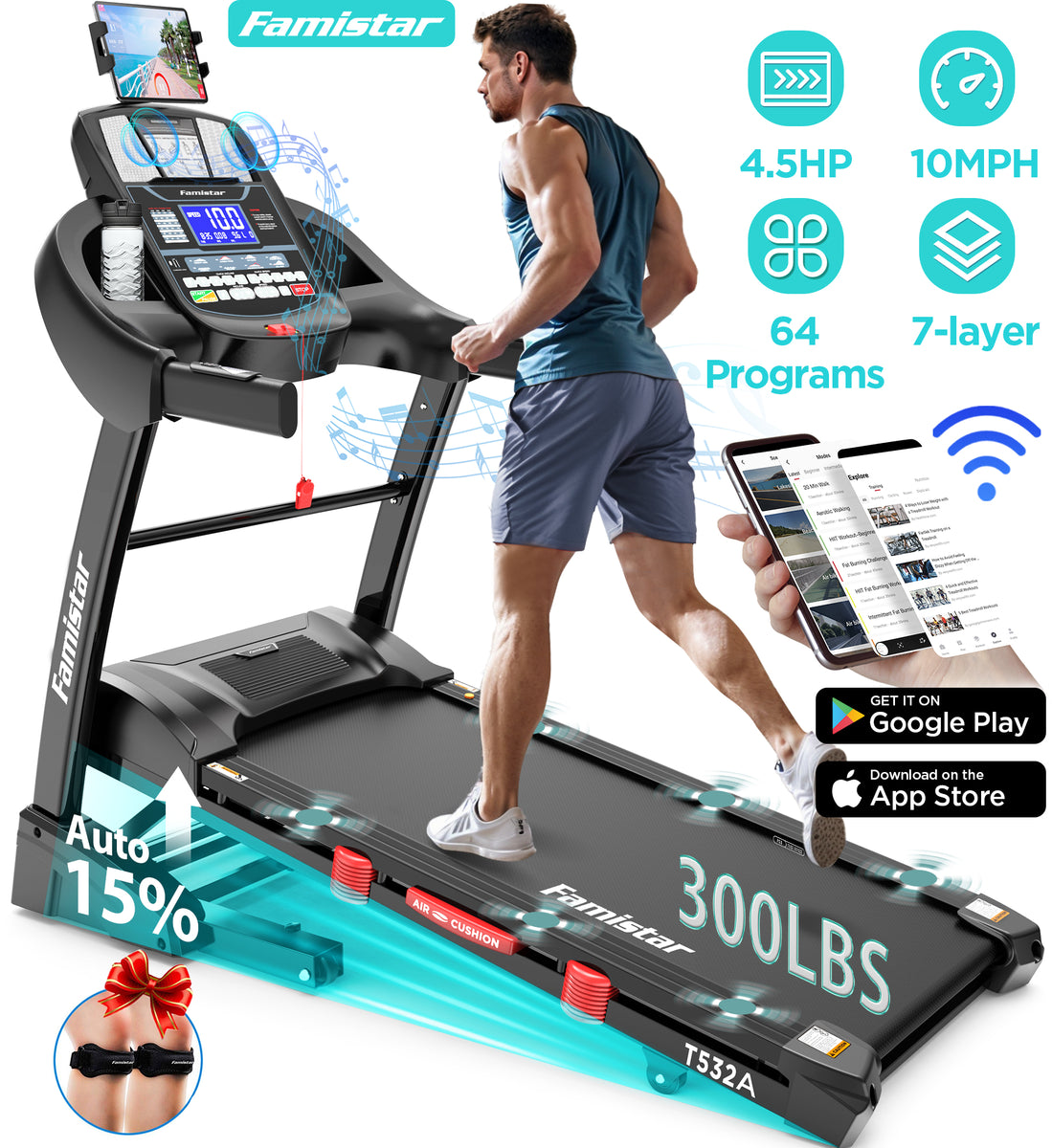 Famistar Foldable Treadmill w/ 15% Auto Incline, 4.5HP Portable Treadm ...