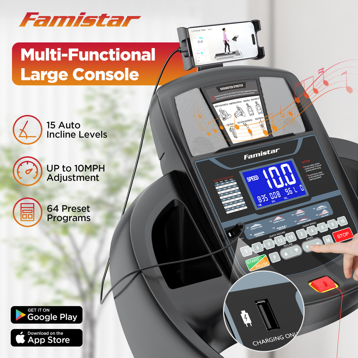 Famistar 4.5HP Folding Treadmill w/ APP control Portable Foldable, 15 ...
