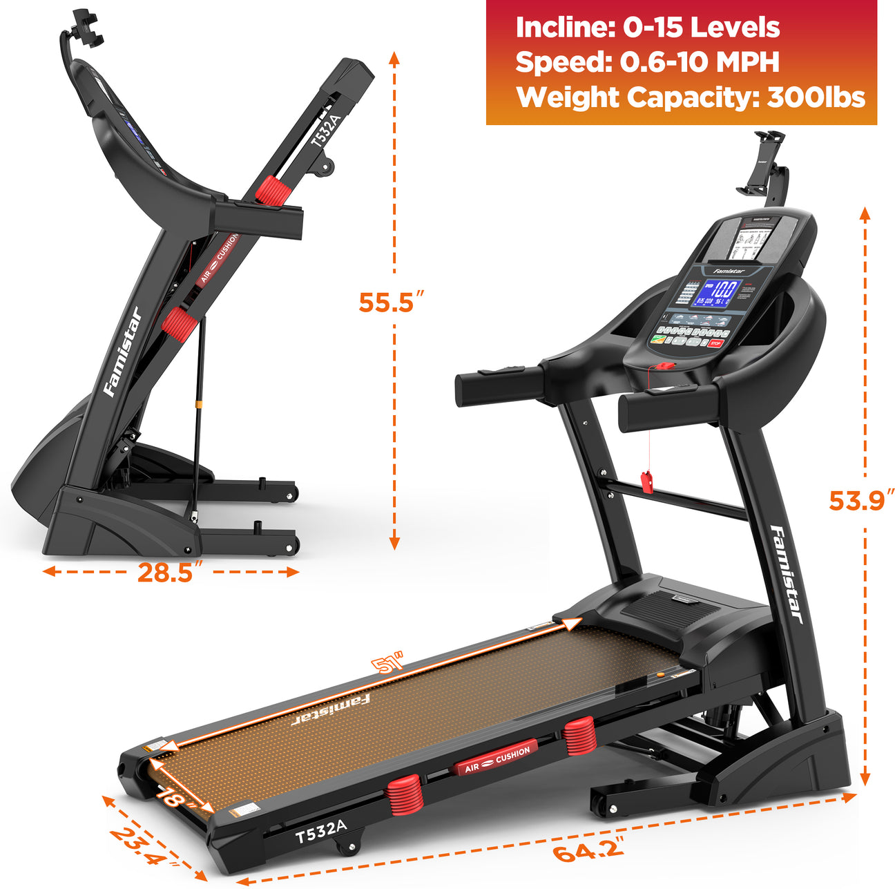 Famistar 4.5HP Folding Treadmill w/ APP control Portable Foldable, 15 ...