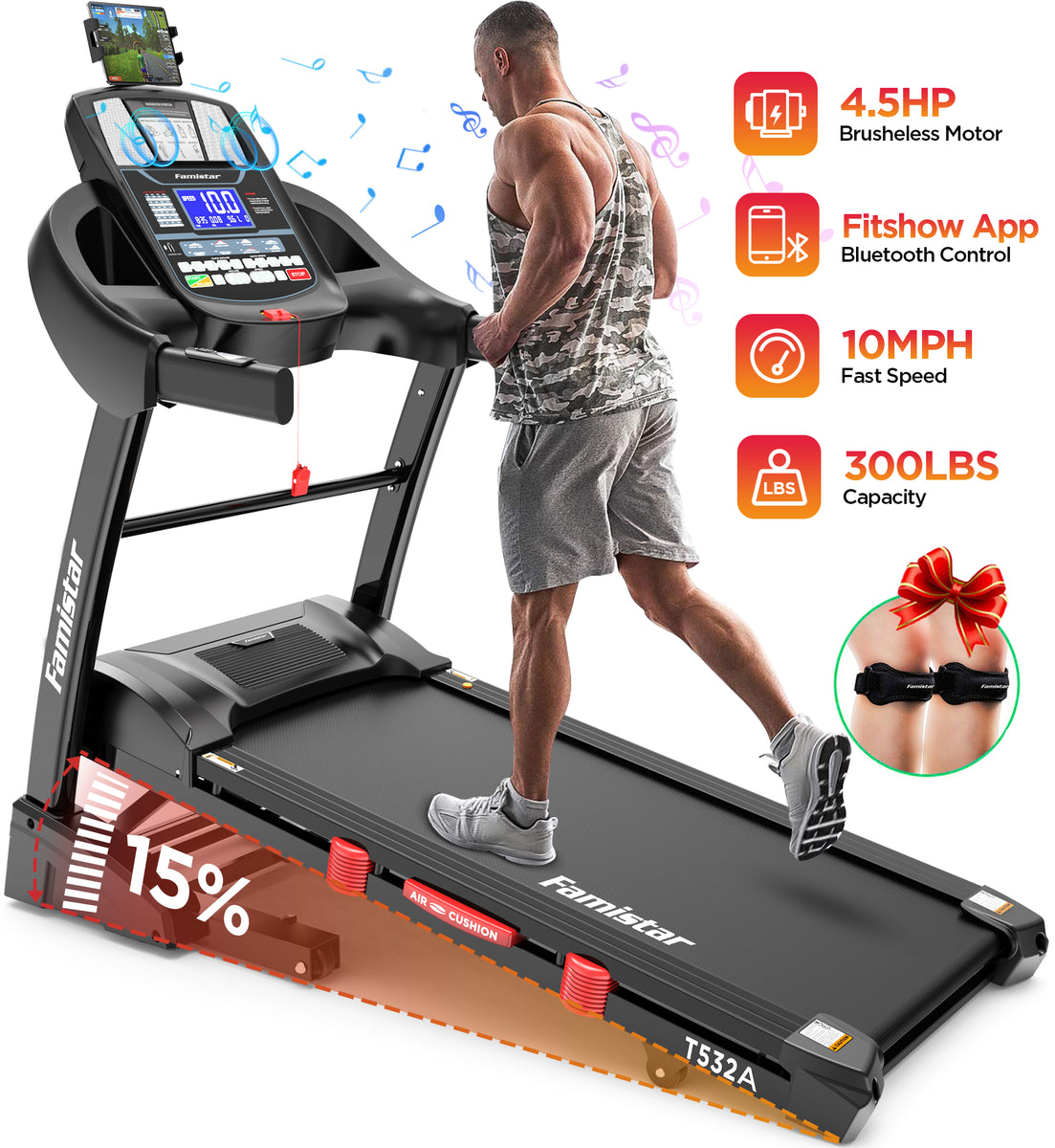 Famistar 4.5HP Folding Treadmill w/ APP control Portable Foldable, 15 ...